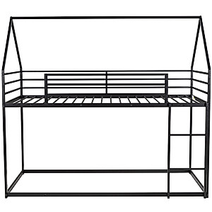 Merax Kids Heavy Metal House Low Bunk Bed Twin Over Twin, Montessori Floor Bunk Bed Frame with Ladder & Full-Length Guardrail, Space Saving Black