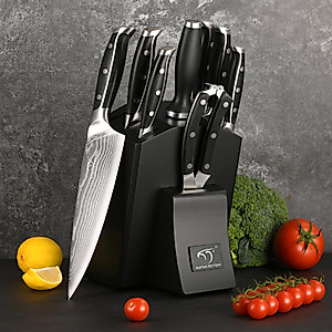 Damascus Kitchen Knife Set with Block, Razor Sharp 67-Layer VG10 Steel and Triple Rivet Handle, Included Chef/Santoku/Utility/Bread/Paring Knives, Sharpener, Kitchen Shears-Natural Wooden Block, 9Pcs