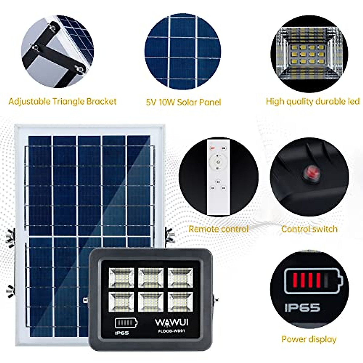 WAWUI Solar LED Flood Lights Outdoor with Remote 80W Solar Security Flood Lights Dusk to Dawn IP65 Waterproof 800 LM 6500K Solar Powered Flood Lights for Garden, Garage, Pathway, Deck