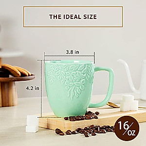 toptier Coffee Mugs Set of 4, 16 Ounce Ceramic Mug Coffee Mugs with Large Handle for Men, Women, Leaf Design Coffee Cups Gift for Coffee, Tea, Milk, Cocoa, Cereal, Green