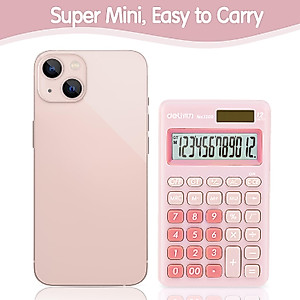 deli Standard Function Basic Calculator, 12 Digit Desktop Calculator with Large LCD Display, Solar Battery Dual Power Office Calculator, Pink