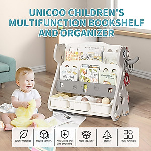 UNICOO® Kids Baby Dragon 2 Tier Bookshelf with 3 Toy Storage Bins, Children Bookshelf & Toy Organizer, Lightweight & Compact, for Toddler Nursery, Study Room, Playroom (Gray)