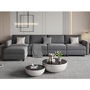 DANNRATCH Modular Sectional Sofa L Shaped Convertible Sectional Couch with Reversible Chaise, 4-Seat Sleeper Velvet Modular Couch with Ottomans for Living Room Furniture Sets Navy Grey