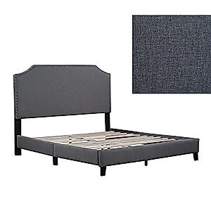 MOOLO Upholstered Platform Bed Frame with Nailhead Trim Headboard and Wood Slats Full Size Dark Grey