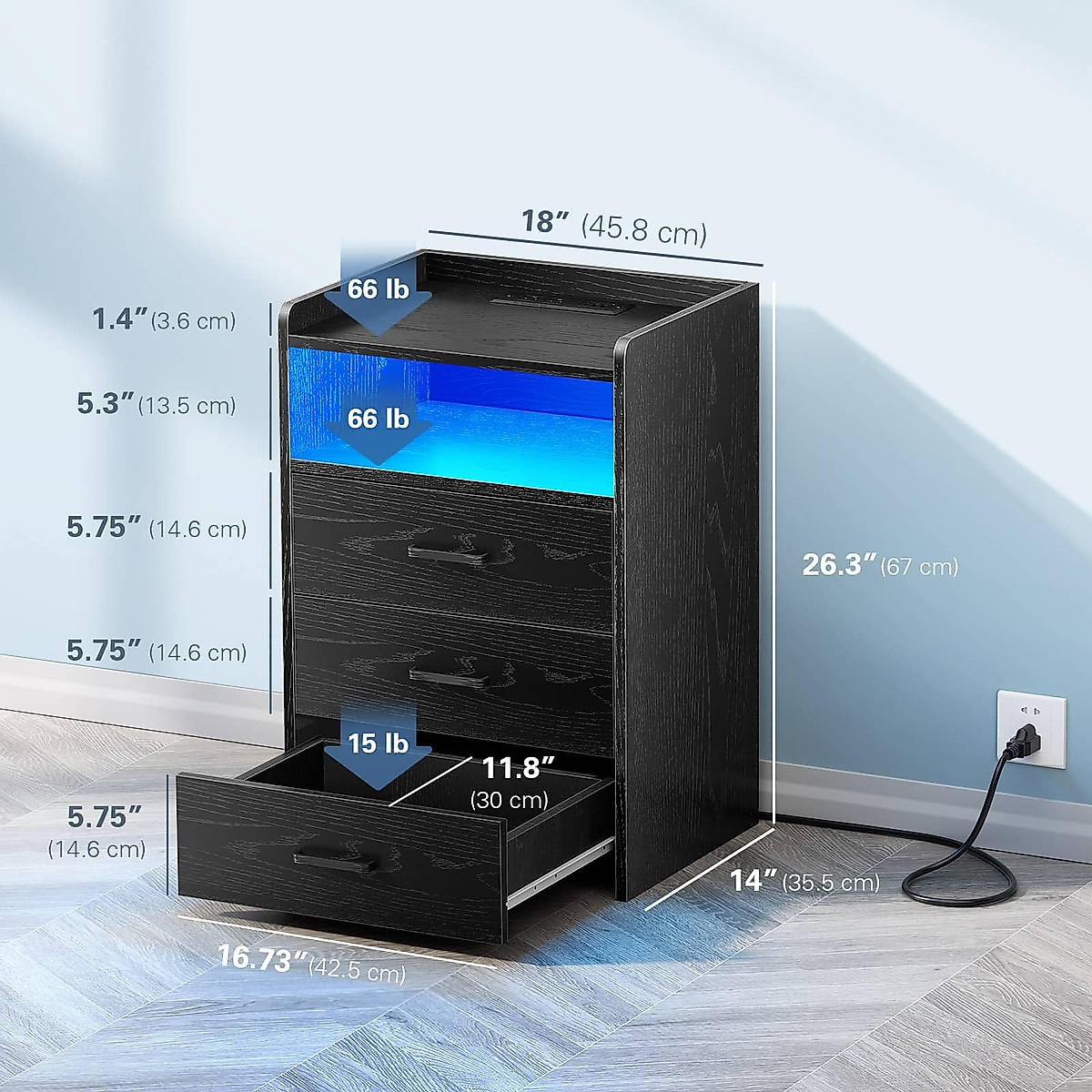 ciecie Night Stand with Charging Station, NightStand with LED Light and 3 Drawers, Black Night Stand, End Table for Bed with Power Outlets, 26.4x18x14 inches