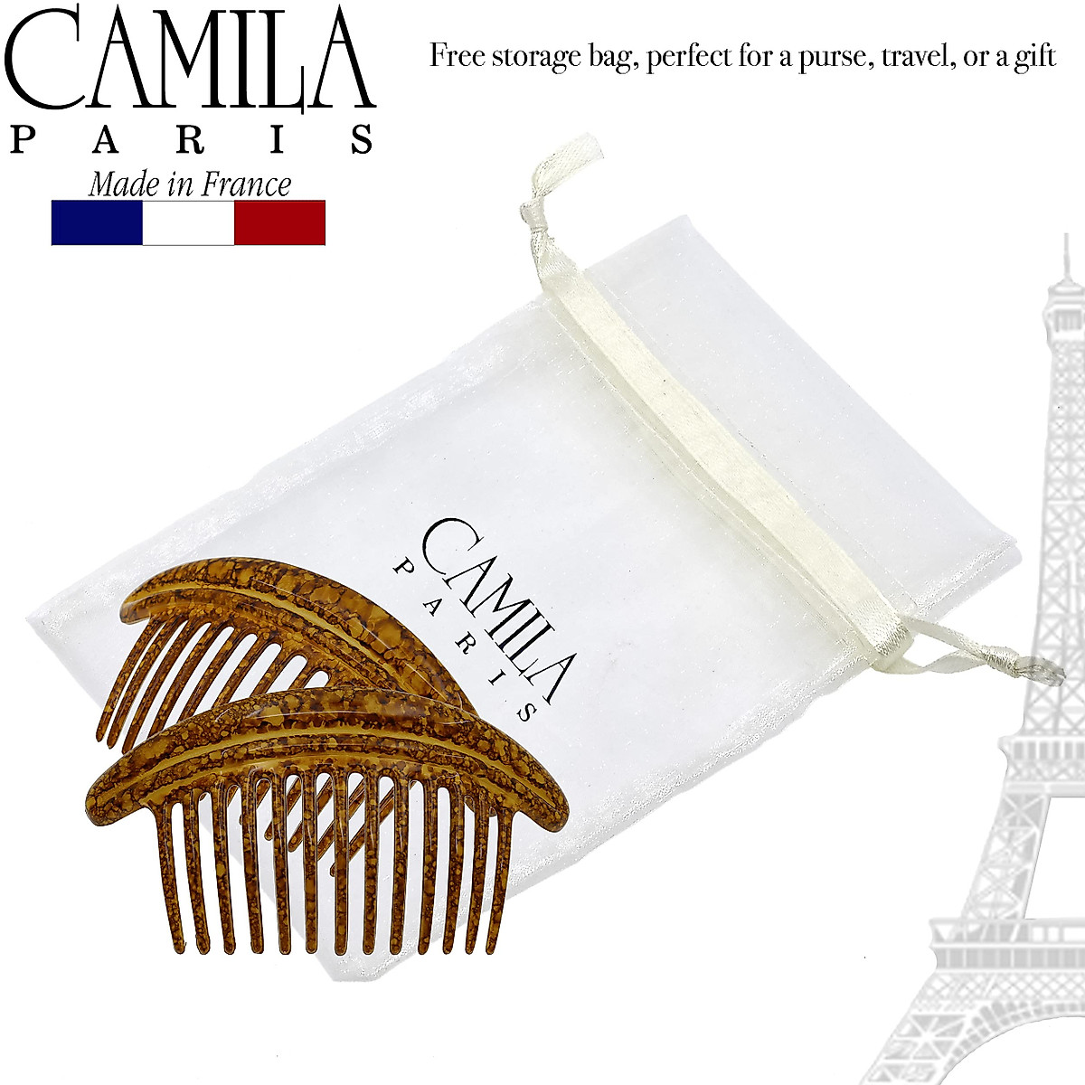 Camila Paris CP3329 French Hair Side Combs Amber Interlocking Combs French Twist Hair Combs, Strong Hold Hair Clips for Women Bun Chignon, Up-Do Styling Girls Hair Accessories Made in France