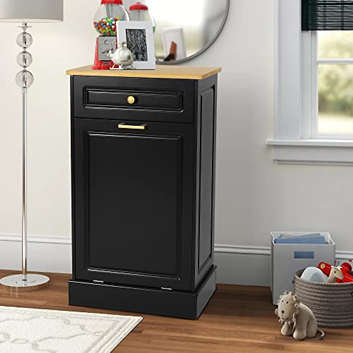 Anbuy Tilt Out Trash Cabinet Can Bin Kitchen Wooden Trash Can Free Standing Holder Recycling Cabinet with Hideaway Drawer Wooden Trash Holder (Black)