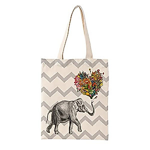 Canvas Shoulder Bag,Light Grey Geometric Ripples Elephant and Heart Flower Tote Bag for Books,Birthday Inspirational Gifts