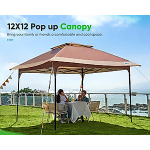 Quictent Pop up Gazebo Canopy 12 x 12, One Person Set up Portable Instant Folding Shelter, Outdoor Canopy Tent with Extra Shade for Backyard, Patio, Party - Tan&Brown