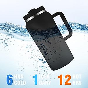 PlanetFlame 64oz Insulated Tumbler with Handle, Stainless Steel Double Wall Vacuumn Water Bottle, Lid and Straw for School, Gym, Hiking & Camping, Black