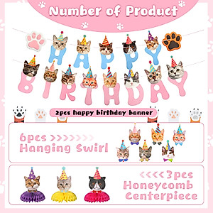 16 Pcs Cat Theme Birthday Party Decorations Party Supplies Kit, Includes Cat Party Banner with 6 Cat Hanging Cutouts 6 Hanging Swirl Decor and 3 Birthday Honeycomb for Kids Girls (Cute Style)