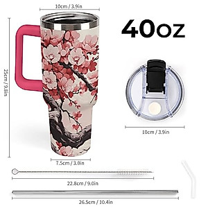 40 Oz Vacuum Tumbler with Light Rose Red Handle Leakproof Insulated Tumbler Japanese Floral Cherry Blossom Stainless Steel Travel Mug with Lid And Straw Coffee Cup Cute Water Bottles Cup Holder Friend