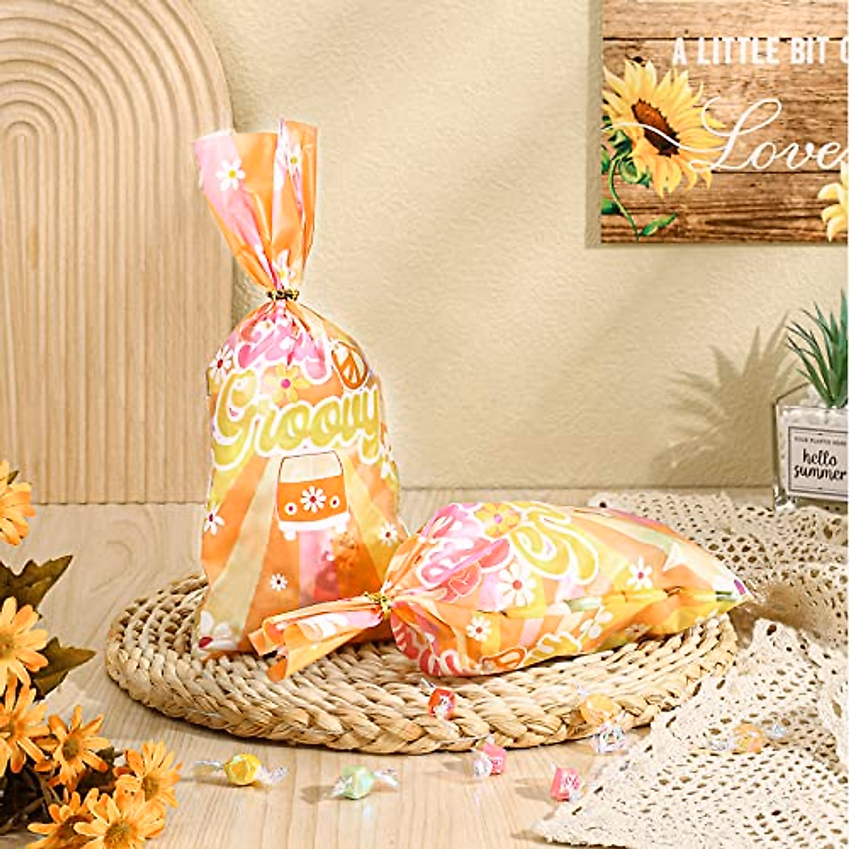 100 Pcs Groovy Boho Party Favor Bags Two Groovy Cellophane Retro Goody Treat Bag Hippie Decorations Daisy Groovy Birthday Party Plastic Bags with 150 Pcs Gold Twist Ties for 60's 70's Hippie Party