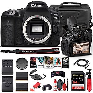 Canon EOS 90D DSLR Camera (Body Only) (3616C002), 64GB Memory Card, Case, Corel Photo Software, LPE6 Battery, Charger, Card Reader, HDMI Cable, Deluxe Cleaning Set + More (Renewed)