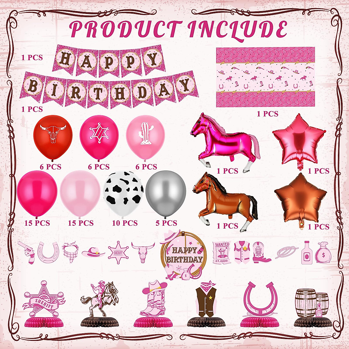 Glimin Western Cowgirl Birthday Party Decorations Retro Horse Rodeo Party Supplies for Girls Include Tablecloth, Banner, Honeycomb Centerpieces, Cupcake Toppers, Balloons, Star Horse Foil Balloons