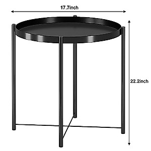 Fixwal End Table, Metal Side Table Black Round End Table Sofa Small Table with Removable Tray for Living Room Bedroom Balcony Patio and Office