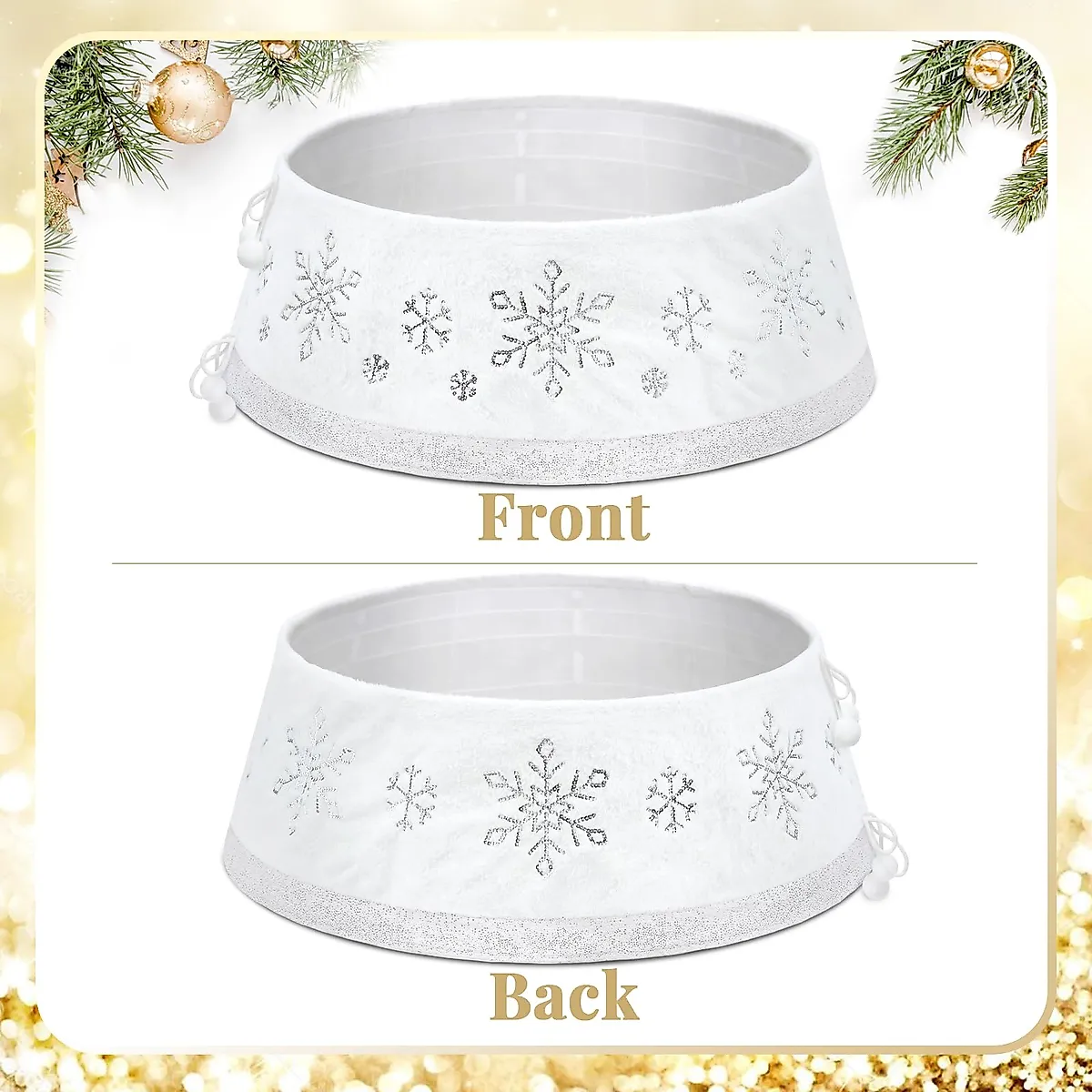 LASPERAL White Christmas Tree Collar, 30 Inches Sliver Snowflake Tree Ring for Artificial Tree Farmhouse Plush Xmas Tree Stand Cover with Plastics Sheets Christmas Holiday Tree Decoration