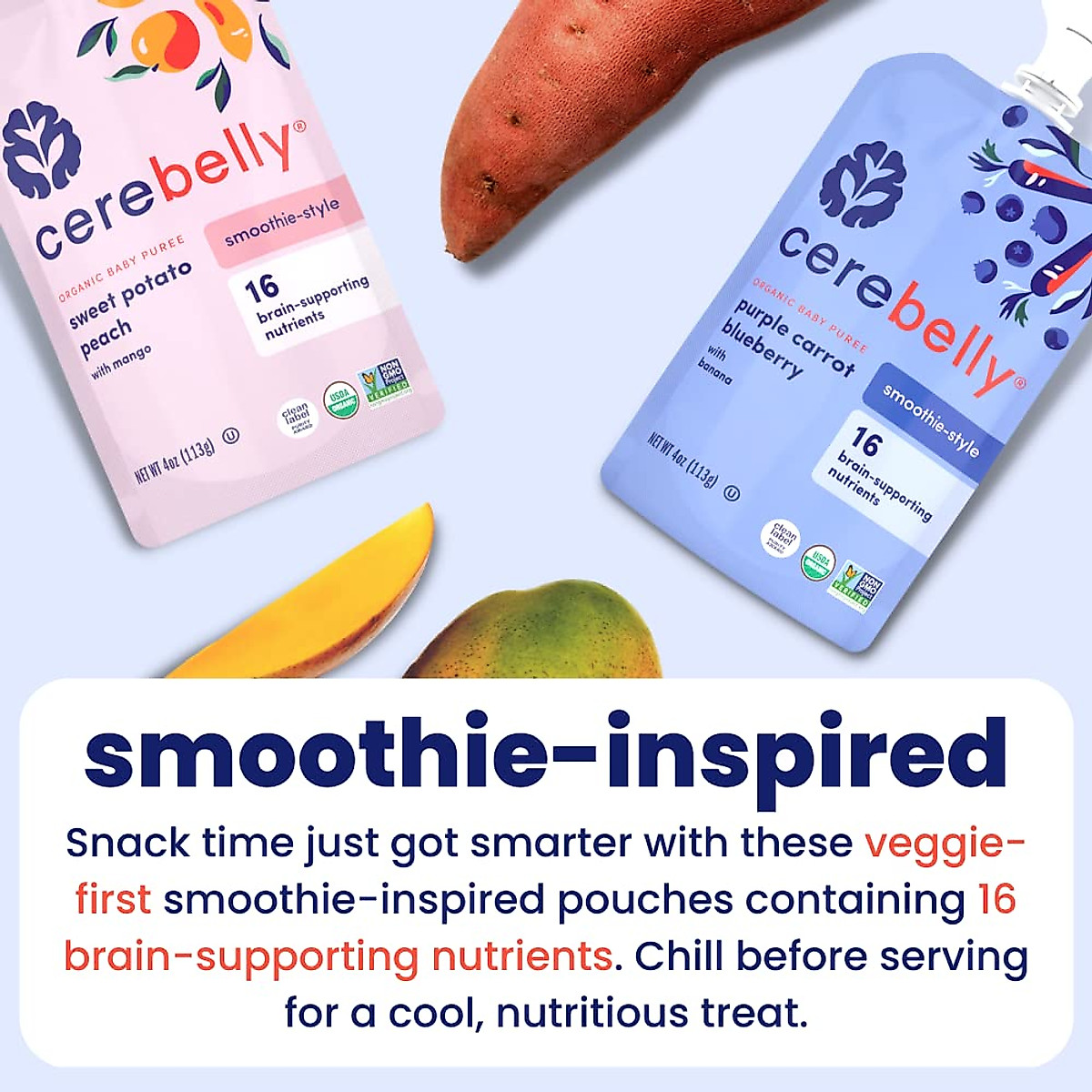 Cerebelly Baby Food Pouches Stage 1 – Purple Carrot Blueberry Smoothie (Pack of 6), Organic Fruit & Veggie Purees, Great Toddler Snacks, 16 Brain-supporting Nutrients from Superfoods, No Added Sugar