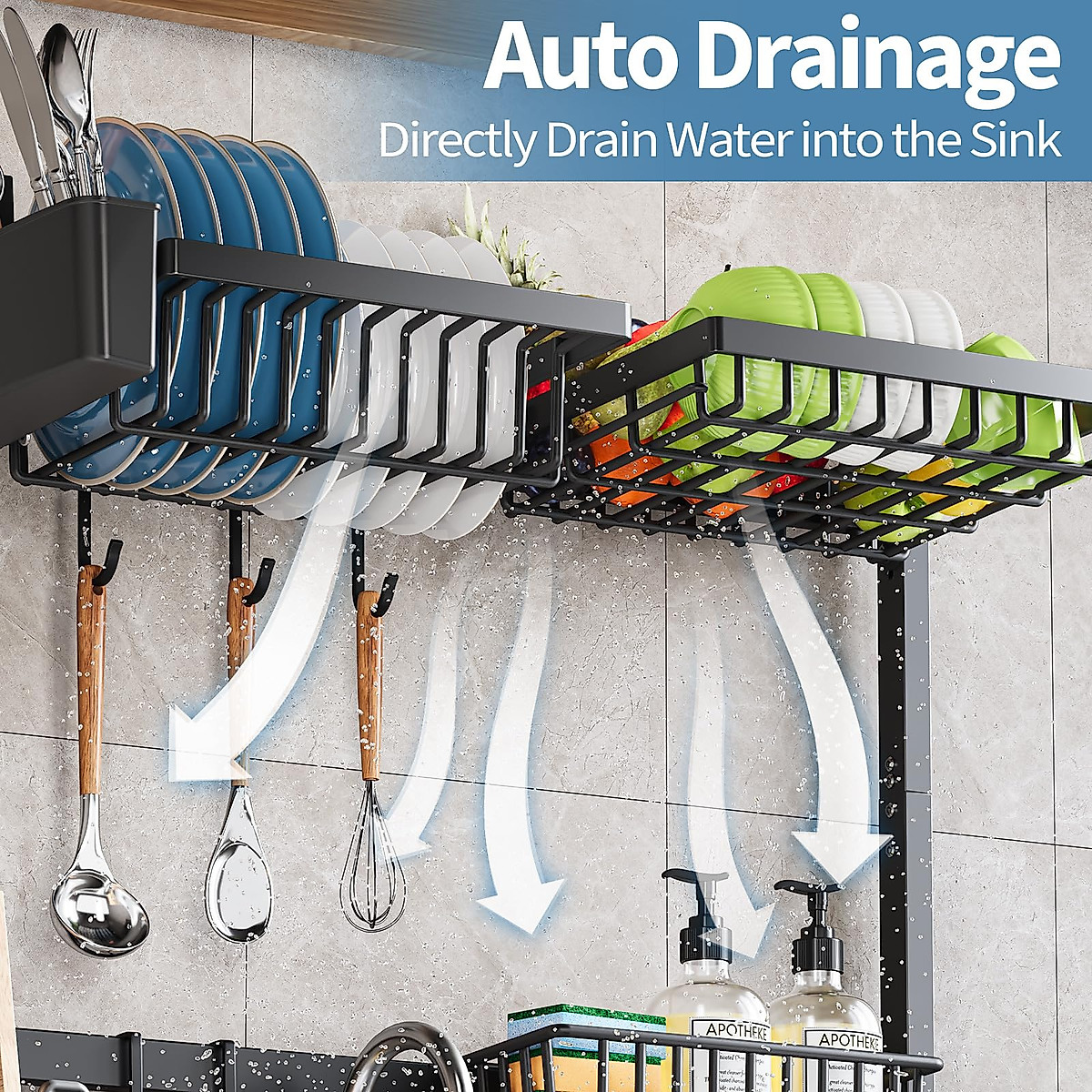 Urackify Over The Sink Dish Drainer Drying Rack, Adjustable (25.19"-37.4") Over Sink Dish Drying Rack, Extra Large Extendable Dish Rack Above Kitchen Sink, 2 Tier Dish Strainer with Storage Basket