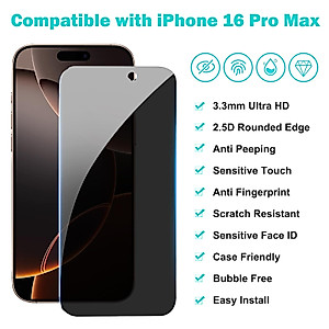 Pehael [3+3Pack] Privacy Screen Protector for iPhone 16 Pro Max with Camera Lens Protector Full Coverage Anti-Spy Tempered Glass Film 9H Hardness Upgrade Edge Protection Easy Installation Bubble Free [6.9 inch]