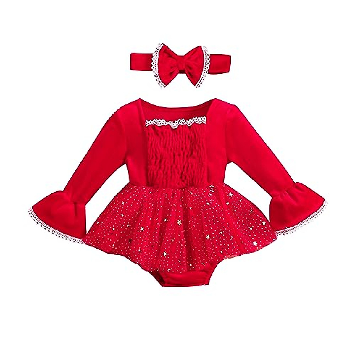 Newborn Baby Girl Christmas Outfit Long Sleeve Ruched Romper Dress Princess Tulle Dress Infant Christmas Dress(C-Red,0-6 Months)