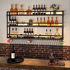 LED Wall Mounted Wine Rack, Customizable Metal Floating Shelves for Home, Restaurant, Bars, Bottle & Glass Holder with Upside Hanging Goblet