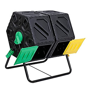 HomGarden Dual Chamber Compost Tumbler for Garden and Outdoor, 37 Gallon High Volume Composter with 2 Sliding Doors, Black