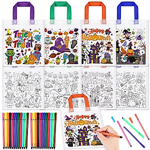 HOWAF 12pcs Halloween Coloring Goodie Bags for Kids with 24 Paint Pens, Color Your Own Halloween Candy Gift Bags Pumpkin Spider Bat Ghost Reusable Non-Woven DIY Trick or Treat Bags for Halloween Favors Activity