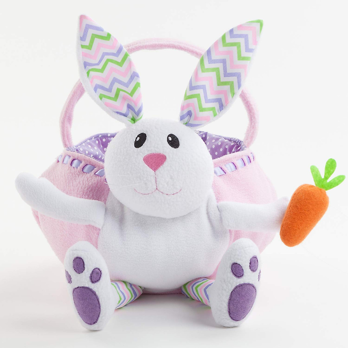Personalized Plush Easter Bunny Basket with Custom Name | Pink Soft Easter Bag with Chevron Patterned Bunny Ears and Handle | Customized Easter Basket | Great for Easter Egg Games