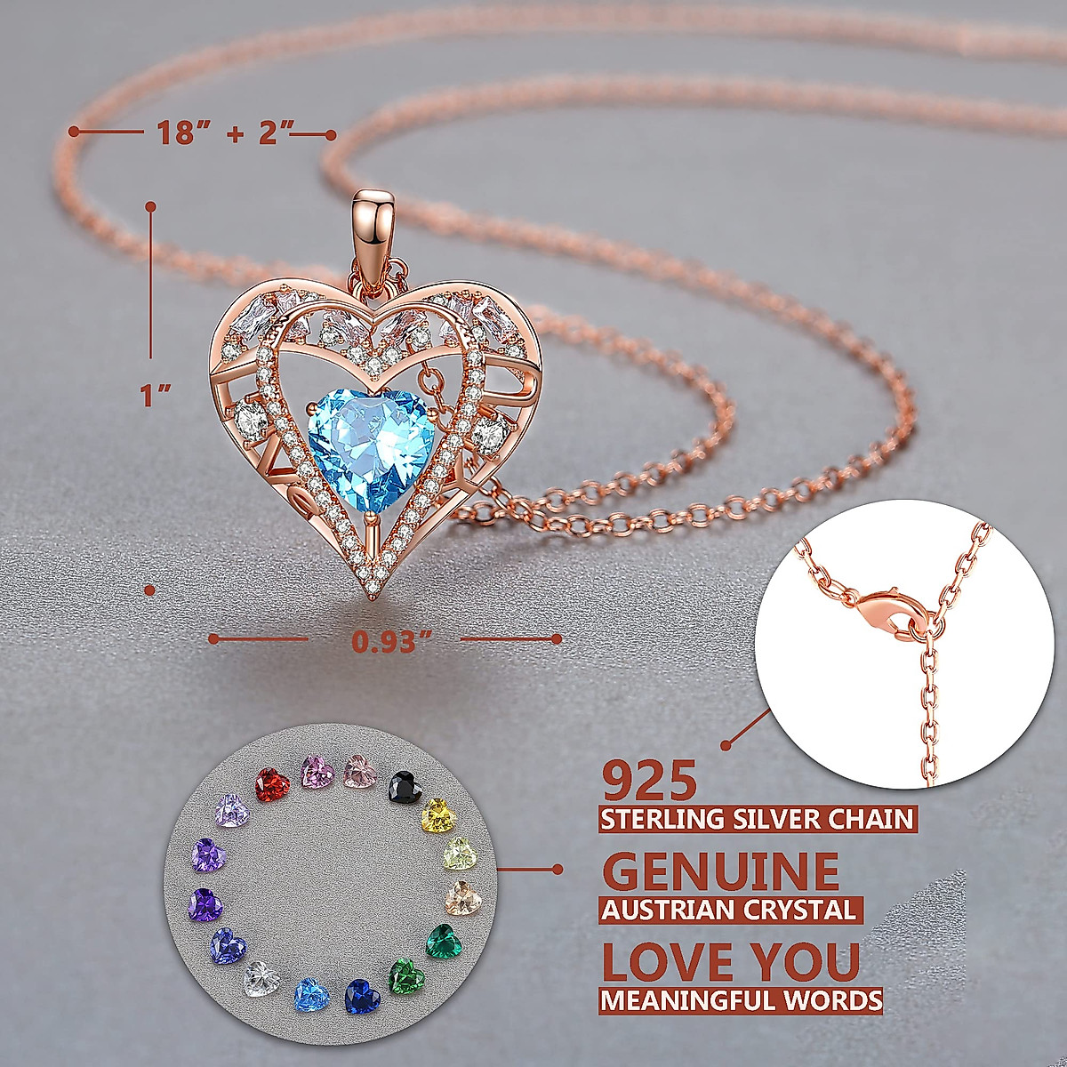 GEMMANCE 5 Heart Crystal Pendant Necklace - 925 Sterling Silver Chain - 18K Rose Gold Plated - Aqua Blue - 18”+2” Birthstone Jewelry for Women - Gifts for Birthday, Christmas