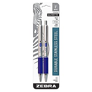 Zebra Pen F-402 Ballpoint tainle Teel Retractable Pen, Fine Point, 0.7mm, Blue Ink, 2-Count