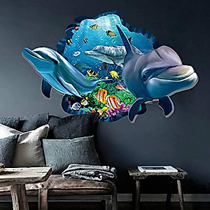 Ocean World Wall Stickers, 3D Blue Dolphin 3D Shark Broken Wall Stickers Tropical Fish DIY Wall Decals Art Decor for Kids Boys Bedroom Playroom (Dolphin)