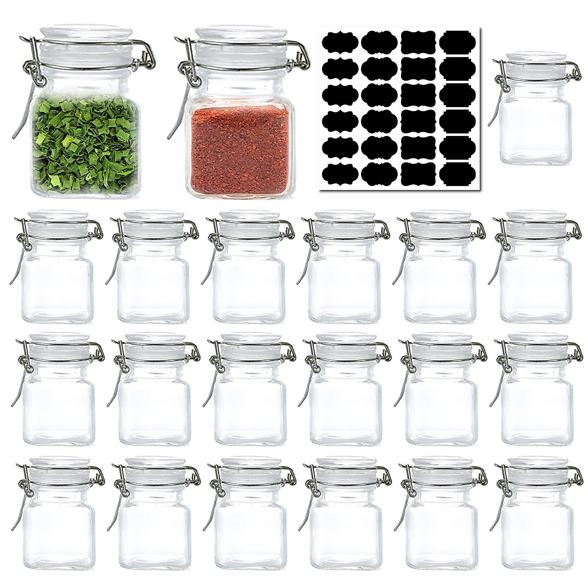 TIYOORTA Square Apothecary Glass jar with locking lid clamp closure - 3.5oz Spice Jars with Leak Proof Rubber Gasket - For Honey, Jams, Bean, Handicraft, Tag Included(20PCS)