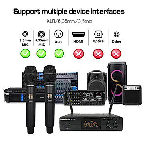 Wireless Microphone System Dual UHF Handheld Cordless Mic Set Work Range 180ft Dynamic Microphone with XLR & 1/4 inch Jack for Church Karaoke Machine Speech Wedding Party Singing
