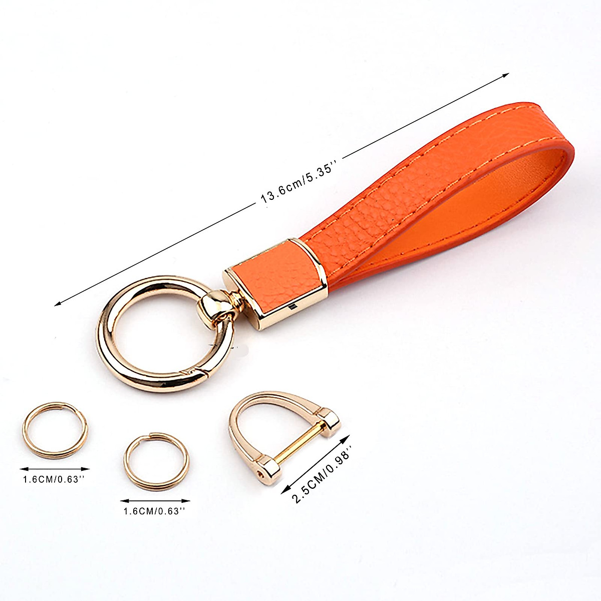 leather men and women general-purpose car keychain chain holders can be rotated 360 degrees, anti-lost D-rings, Orange + Gold Horseshoe Buckle,