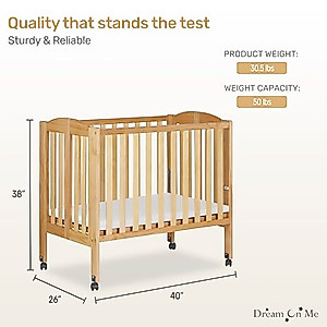 Dream On Me 2 in 1 Portable Folding Stationary Side Crib in Natural, Greenguard Gold Certified , 40x26x38 Inch (Pack of 1)
