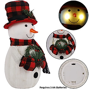 Sancodee Christmas Lighted Snowman, 12" Snowman with Wreath Christmas Table Decorations, Red Black Plaid Snowman Xmas Decor for Home Kitchen Holiday Party