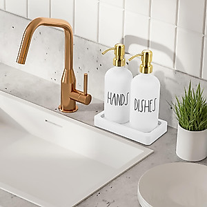 Luxury Gold Soap Dispenser for Kitchen Sink by Brighter Barns - White Glass Kitchen Soap Dispenser Set with Tray, Stainless Steel Pump - Modern Farmhouse Decor, White and Gold Kitchen Accessories