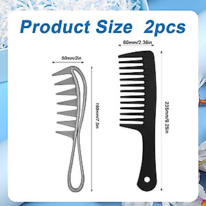 2Pcs Wide Tooth Comb for Curly Hair, Large Shark Teeth Comb Detangler for Brushing Out Curls Plastic Hairstyle Tool for Wet Wavy Thick Hair Wigs Barber Salon, Women Men (1 Black, 1 Silver)