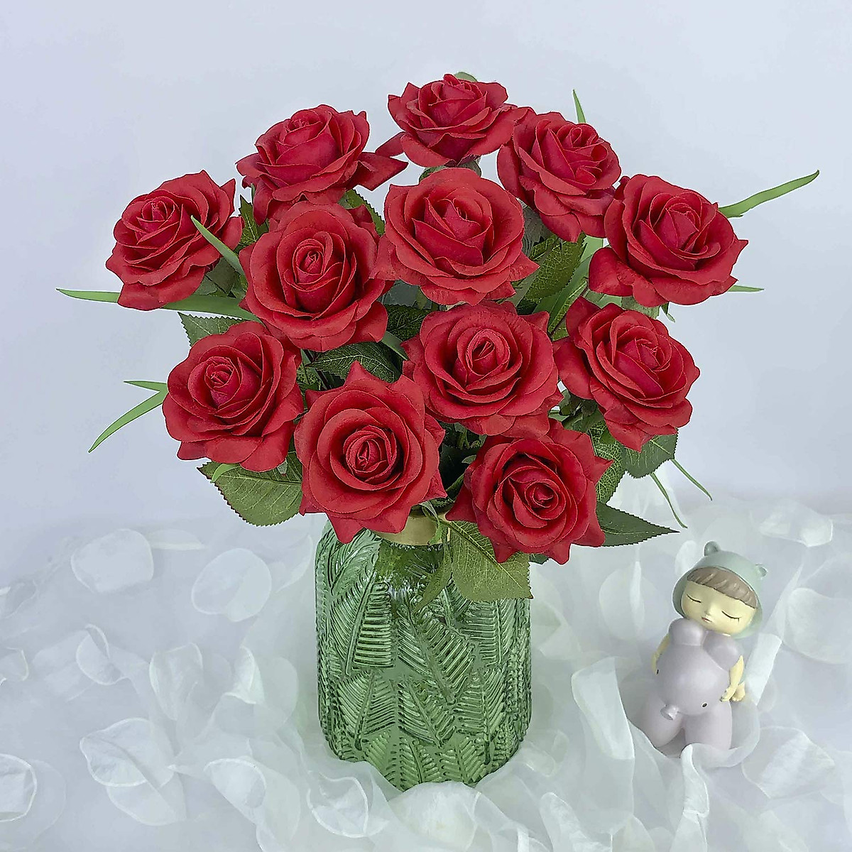 ZGPEPEXIA 12 Stems Artificial Flowers Silk Roses Fake Flowers Bridal Wedding Bouquet，Realistic Blossom Flora for Home Garden Party Hotel Office Decoration (Red)