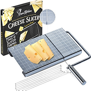Cheese Slicer With Wire - Cheese Slicers for Block Cheese Incl. 8 Extra Wires with Accurate Size Scale On Cheese Slicer Board for Prices Cuts - Ideal Cheese Cutter with Wire for Charcuterie Boards