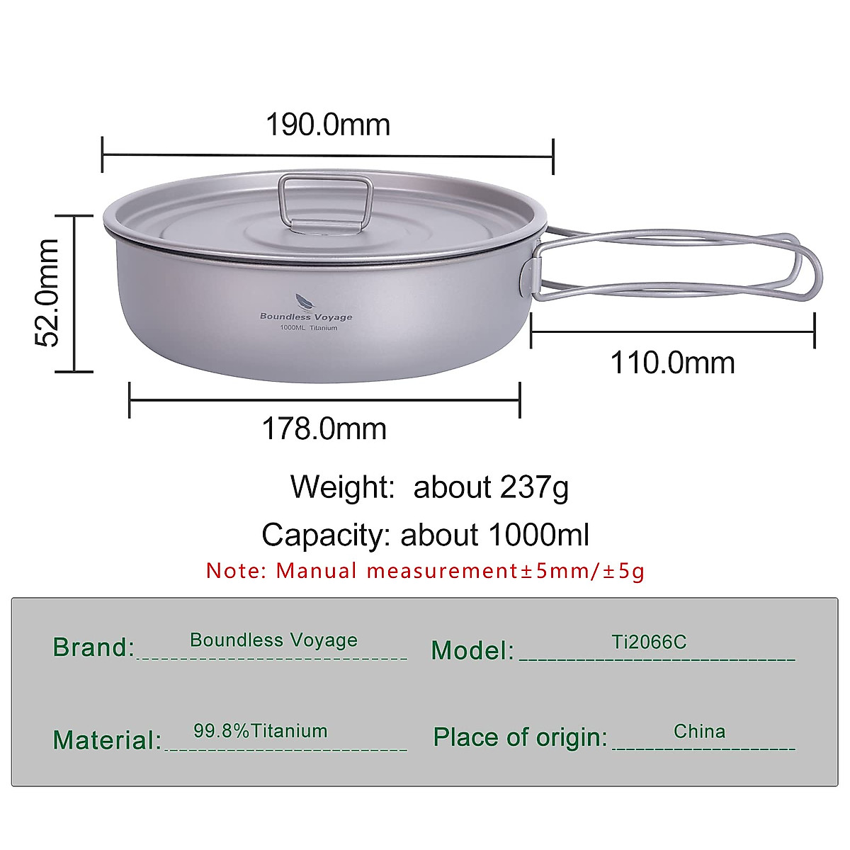 Boundless Voyage Titanium Non-Stick Frying Pan with Folding Handle Non-Stick Ceramic Coating Frypan Cooking Pot for Outdoor Camping Picnic Backpacking (L) with Lid