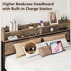 IRONCK King Size Bed Frame, Bookcase Headboard with Charging Station, Platform Storage Bed, Solid and Stable, Noise Free, No Box Spring Needed, Rustic Maple