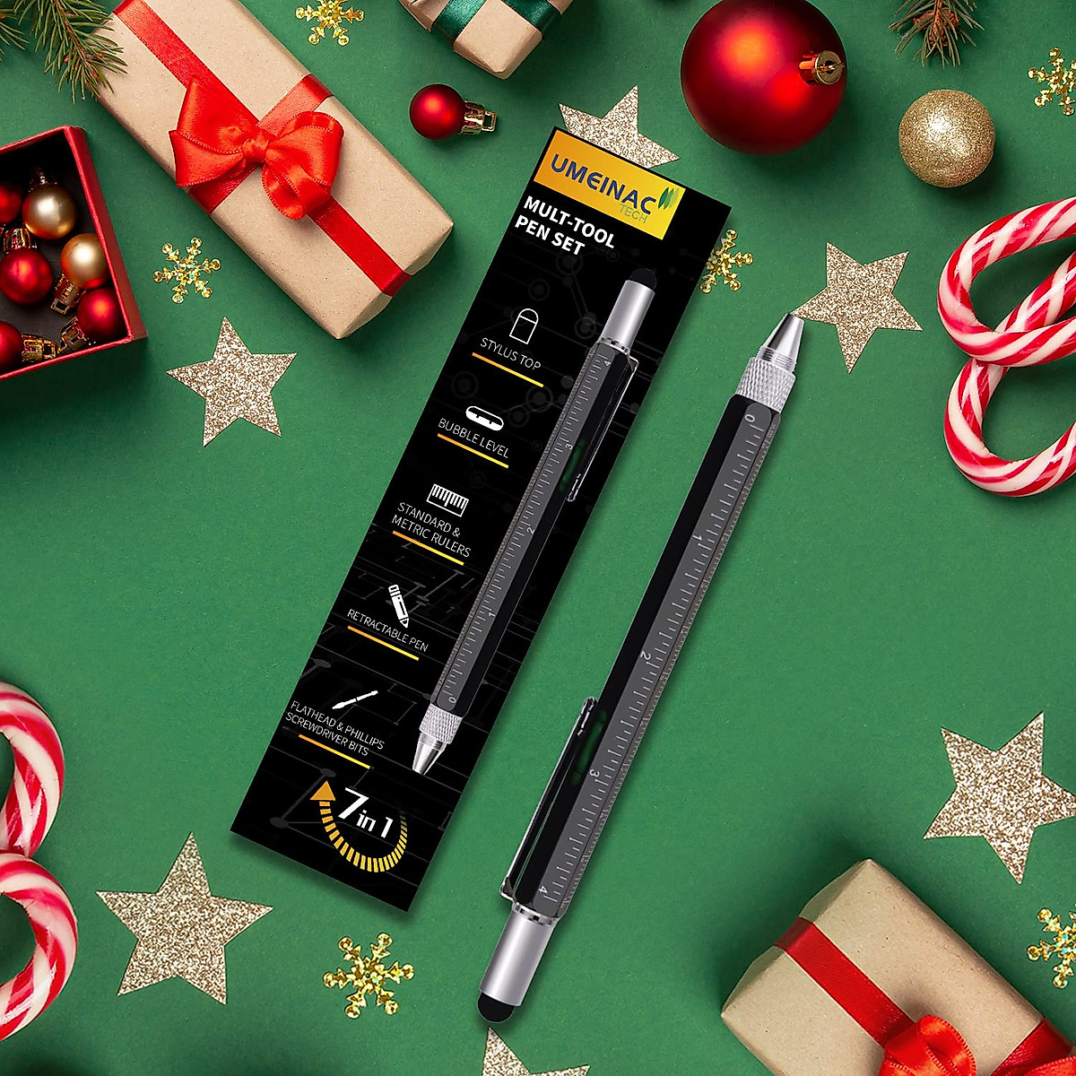 7 in 1 Multitool Pen, Multitool Tech Tool Pen for Men, Aluminum Construction Tools Gadget Stocking Stuffers Gifts for Dad Husband Father - Silver