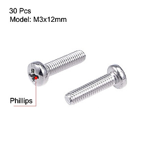 uxcell M3x12mm Machine Screws Pan Phillips Cross Head Screw 304 Stainless Steel Fasteners Bolts 30Pcs