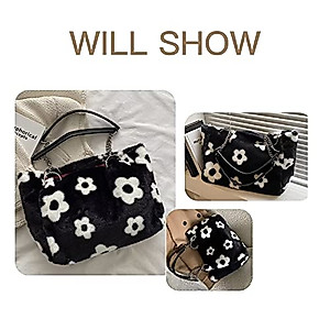 Women Girls Furry Shoulder Bag Fluffy Tote Bag Cute flowers Furry Underarm Bag