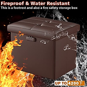 Tamfile Storage Ottoman with Lock, Fireproof Safe Folding for Documents, Waterproof Foot Rest Stool, Stable Short Living Room, Brown, 17 * 13 * 13inch