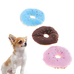 Toyvian 6pcs Dog Chew Toy Soft Plush Donut Shaped Squeaky Squeaking Sound Toy Plush Pet Puppy Toys Soft Pets Bite Chewing Puppy Dog Toy (Coffee + Strawberry + Blue Each 2pcs)