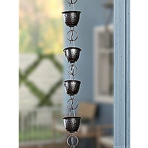 Monarch Rain Chains 18106 Aluminum Hammered Cup, 8-1/2 Feet Length Replacement Downspout for Gutters, Rain Chain 8.5 Ft, Black