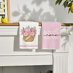 Artoid Mode Tulip Eucalyptus Leaves Vase Flower Basket Blessed Mama Mother's Day Kitchen Towels Dish Towels, 18x26 Inch Seasonal Best Mom Ever Decoration Hand Towels Set of 4